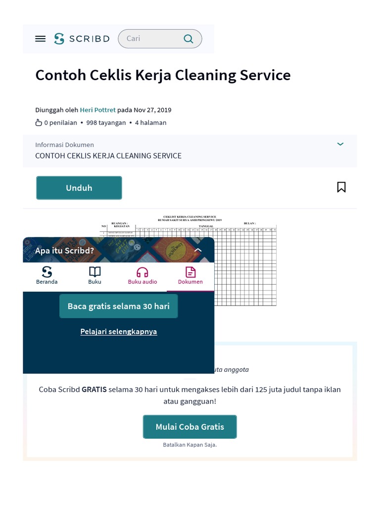 Contoh Ceklis Kerja Cleaning Service: Jutaan Judul Di Ujung Jari Anda | PDF