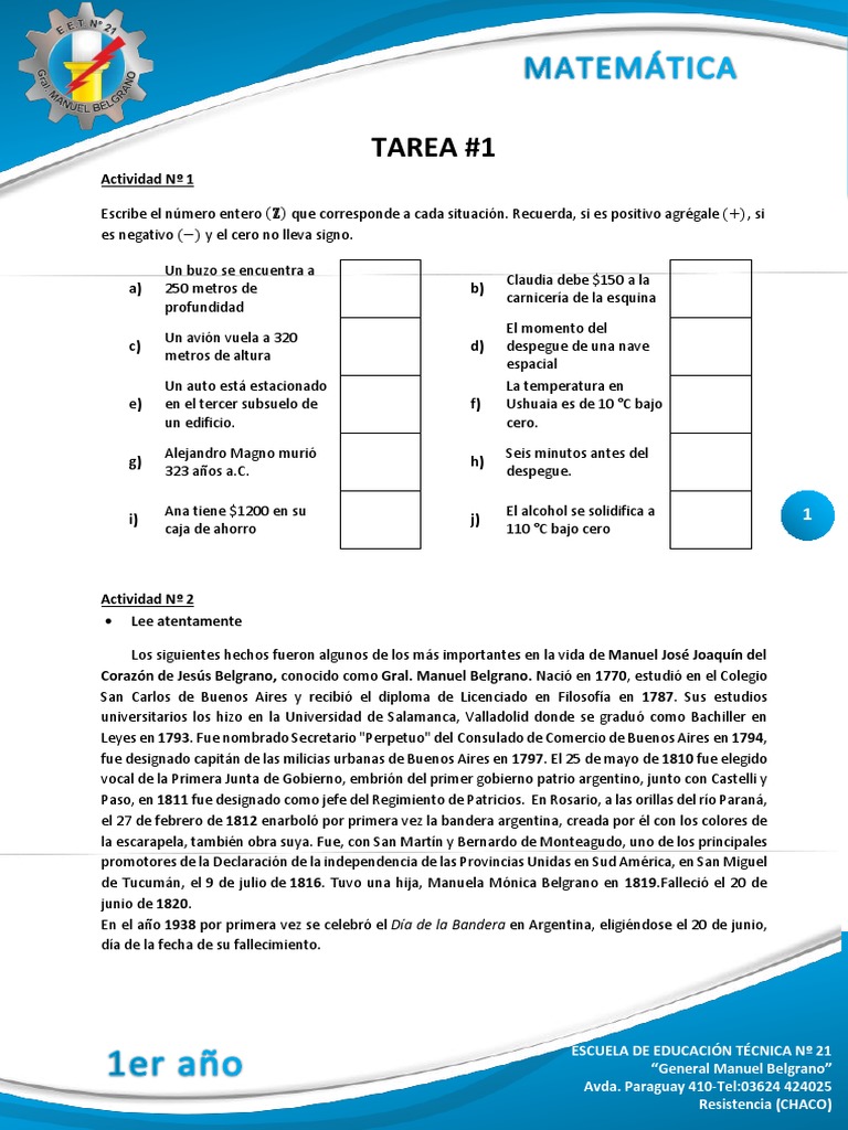 MATEMATICA TAREAS Unidad 1 1er Año | PDF