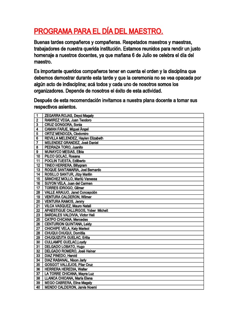 Programa para El Día Del Maestro | PDF