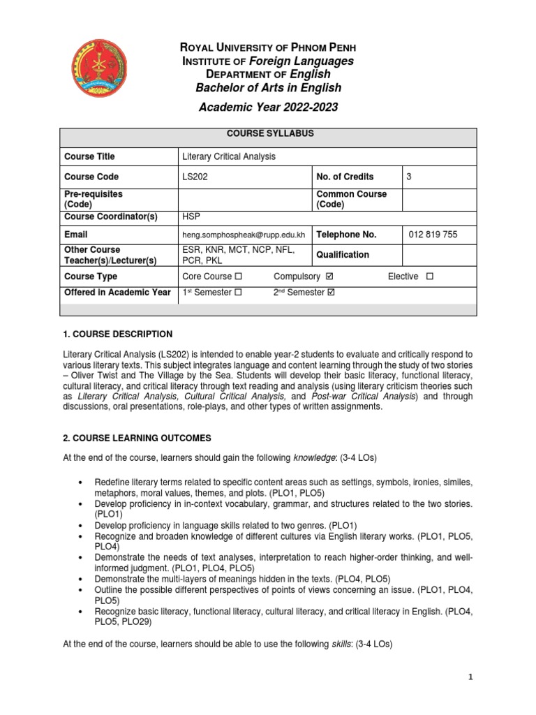 Literary Critical Analysis Syllabus | PDF | Critical Thinking | Literacy