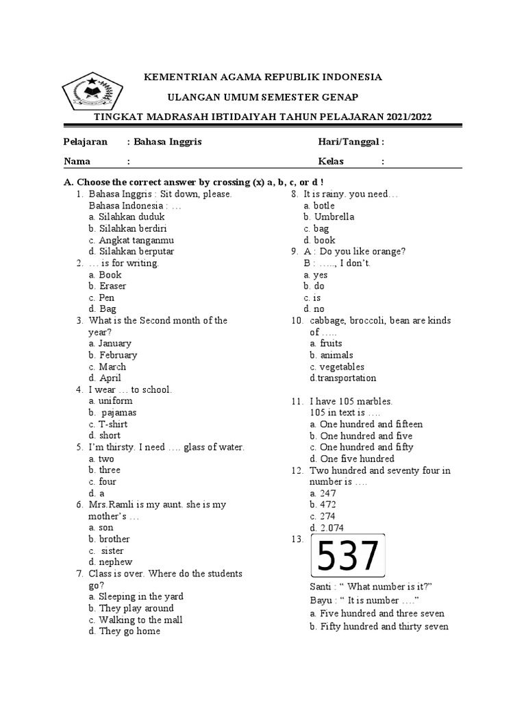 soal kelas 4 bahasa inggris | PDF