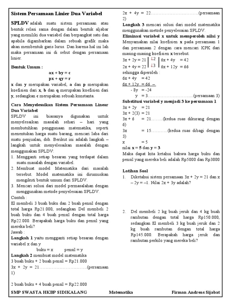 Sistem Persamaan Linier Dua Variabel | PDF