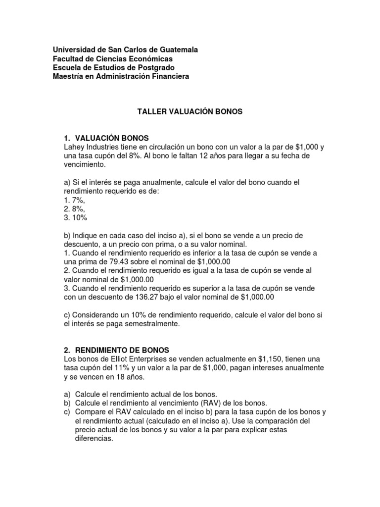 Taller Valuación Bonos | PDF | Finanzas y dinero