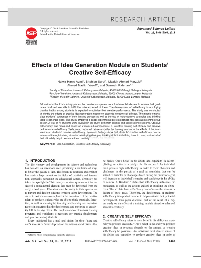 Effects of Idea Generation Module on Students’ Creative Self-Efficacy (1) | PDF | Self Efficacy ...