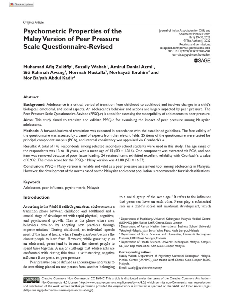 Zulkifly Et Al 2022 Psychometric Properties of The Malay Version of Peer Pressure Scale ...