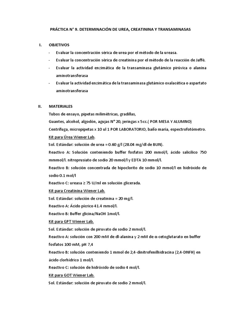 Practica N°09 Determinacion de Urea, Cretinina y Transsminasas | PDF ...