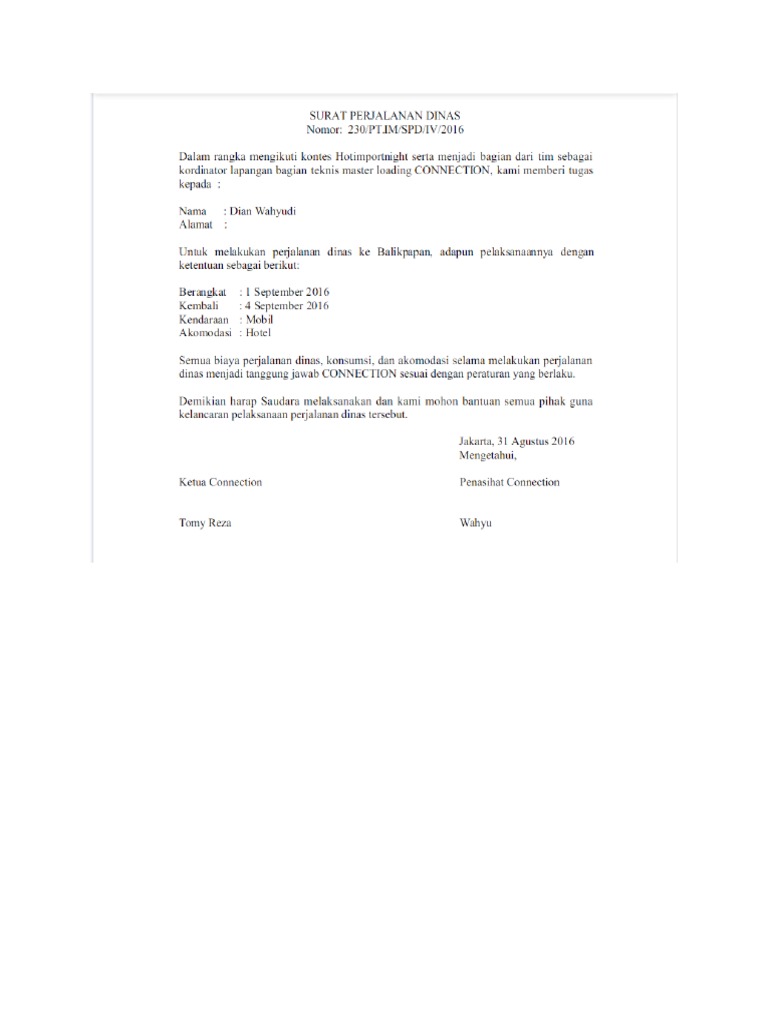 Contoh Surat Perjalanan Dinas | PDF