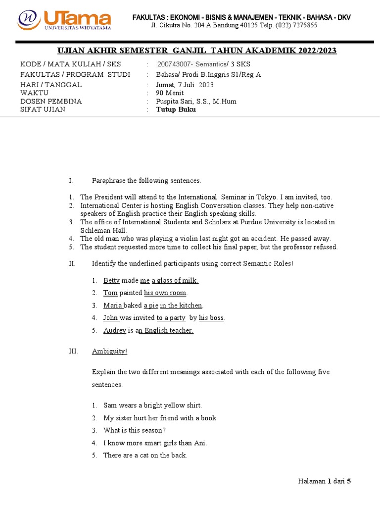 Uas Genap Semantics 2022-2023 - Reg A | PDF