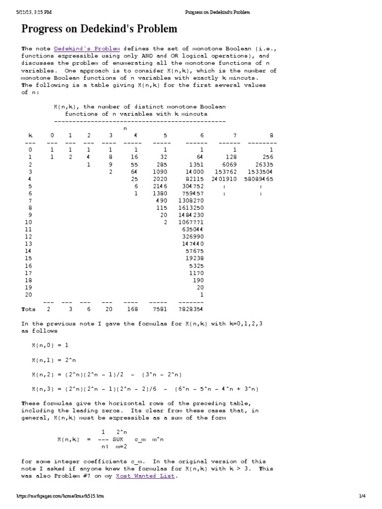 Progress on Dedekind's Problem | PDF | Summation | Monotonic Function