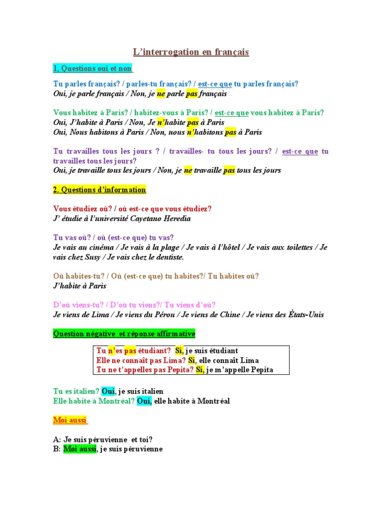 Interrogation en français : Questions clés | PDF