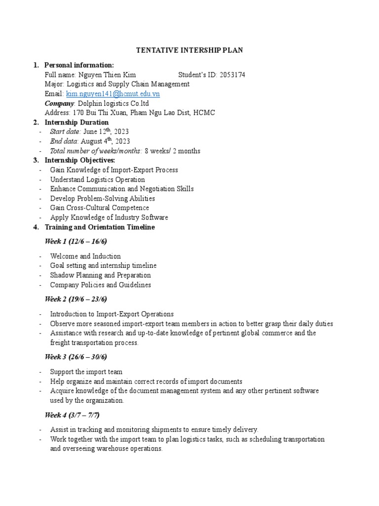 TENTATIVE INTERSHIP PLAN - Thien Kim - 2053174 | PDF | Logistics | Supply Chain