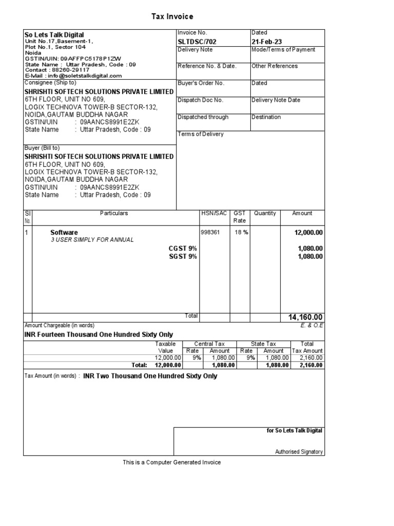 Tax Invoice for Software Purchase | PDF