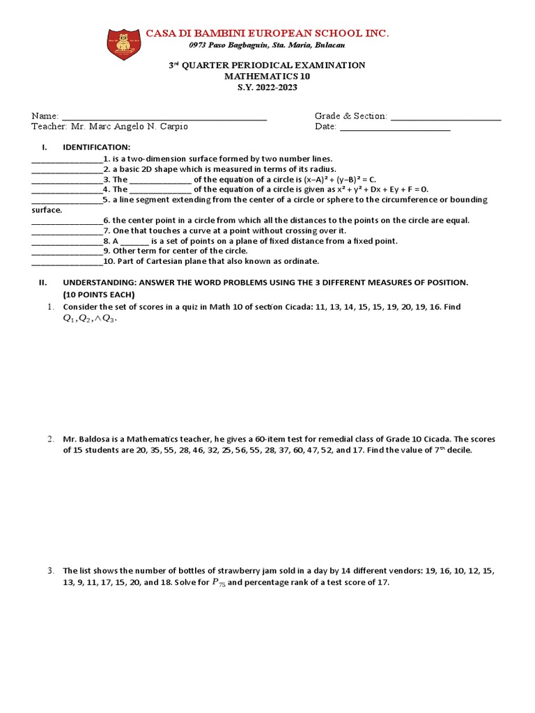 Grade 10 - Periodical 3RD Math | PDF