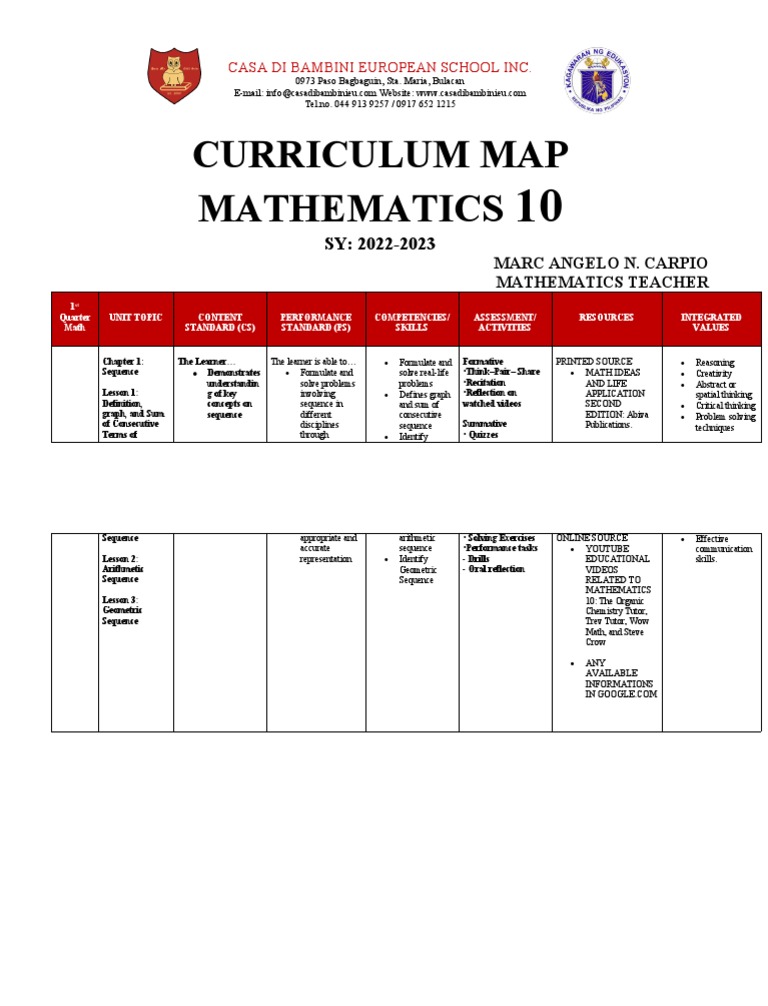 Curriculum Map MATH 10 1st Quarter | PDF