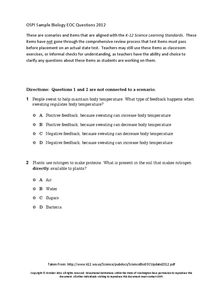 OSPI Sample Biology EOC Questions 2012 Clearer | PDF | Plants ...