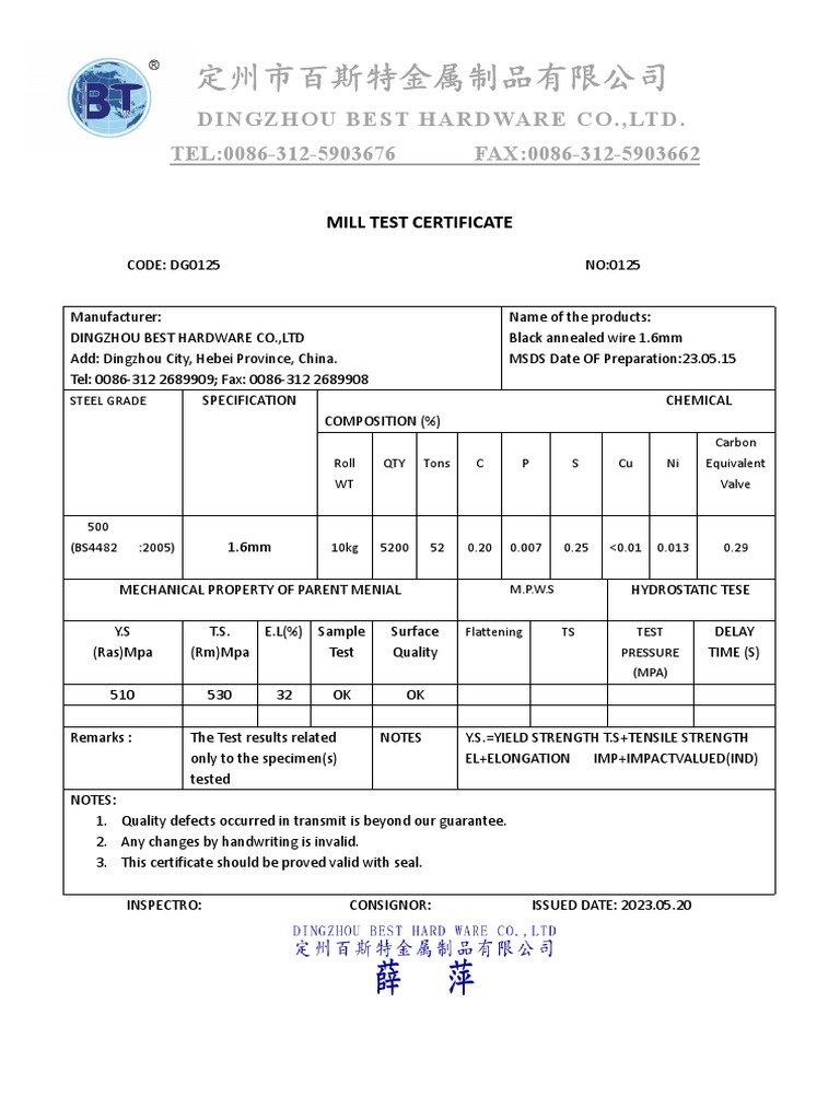 MILL TEST CERTIFICATE - 1.6mm Black Wire | PDF