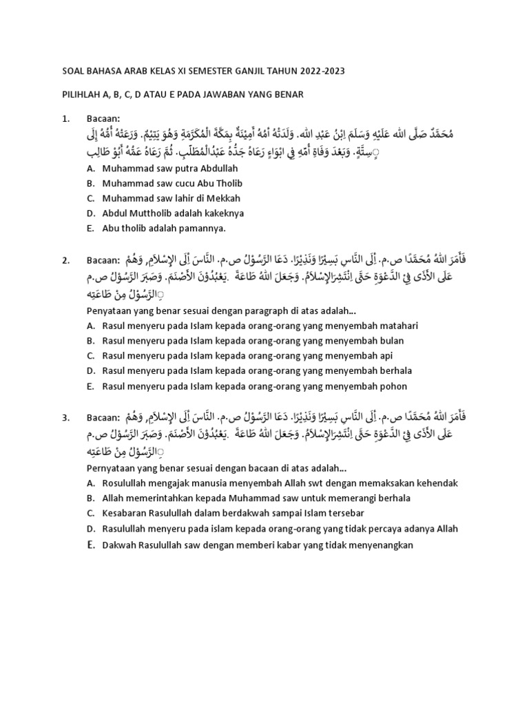 Soal Bahasa Arab Kelas Xi Semester Ganjil Tahun 2022 | PDF