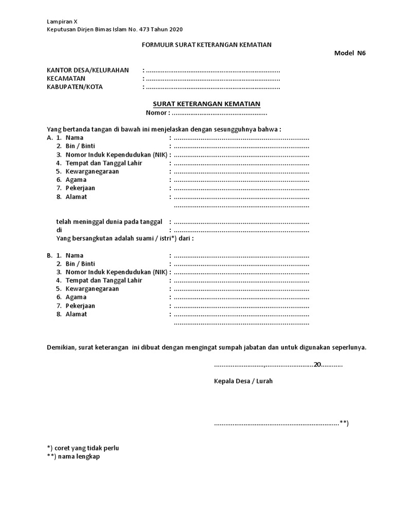 10 Model n6 ( Formulir Surat Keterangan Kematian) | PDF
