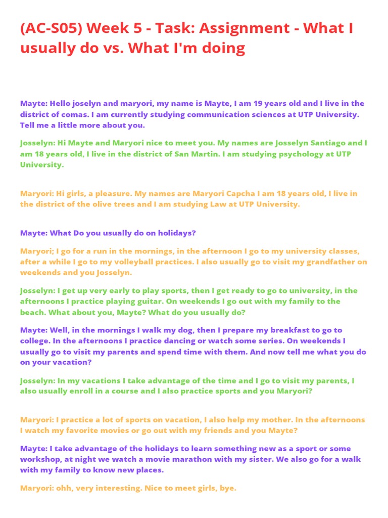 (AC-S05) Week 5 - Task Assignment - What I Usually Do vs. What I'm Doing | PDF