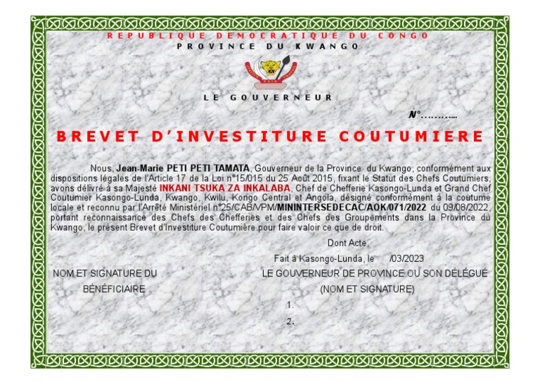 Brevet d'Investiture Coutumière RDC | PDF