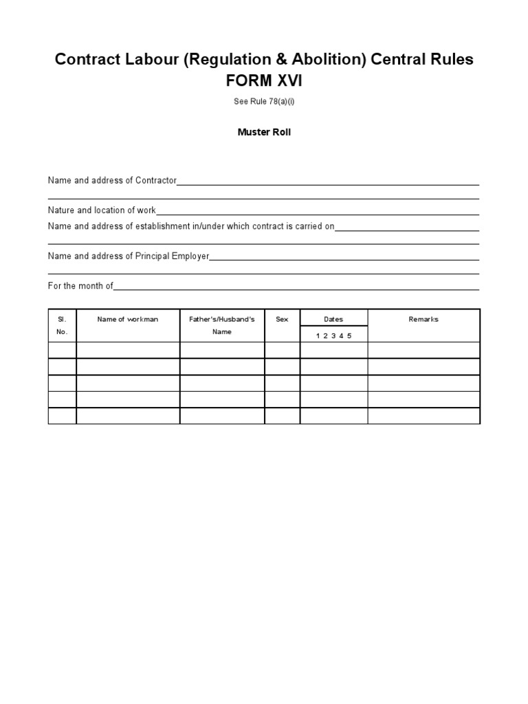 Muster Roll Format for Contract Labour | PDF