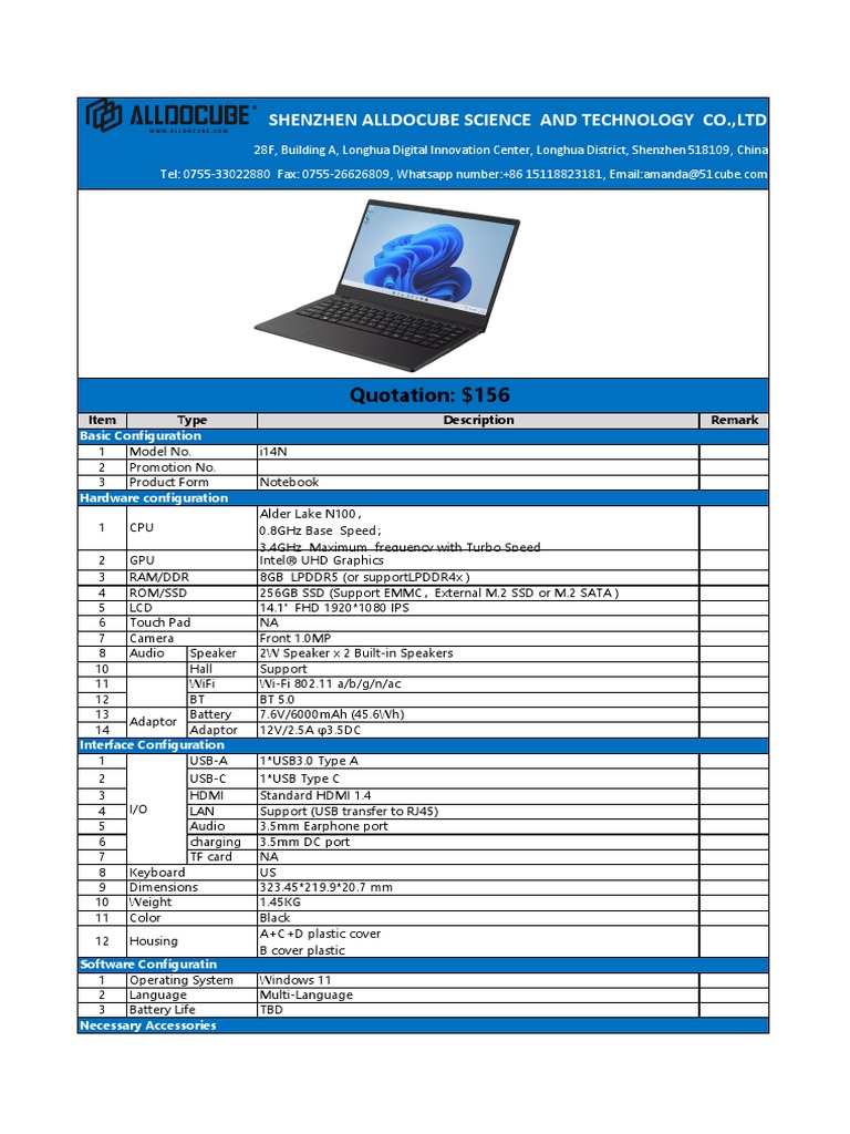 Alldocube 14inch Laptop Specification-i14N | PDF