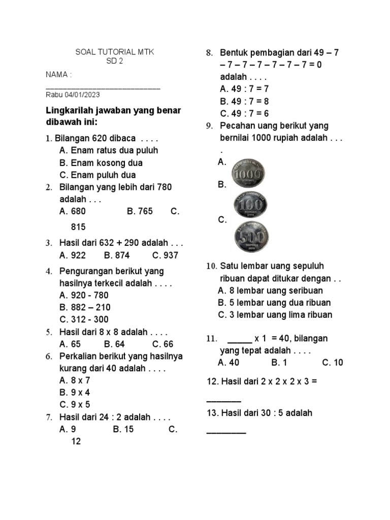 Soal Tutorial Kelas 2 SD | PDF
