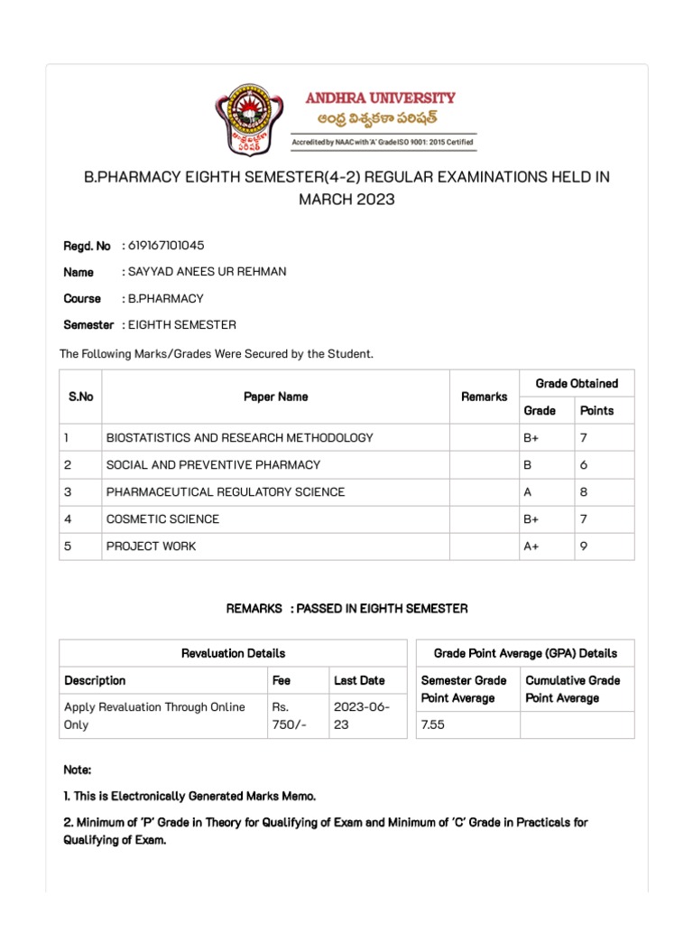 Andhra University - PG and Professional Examination Results | PDF