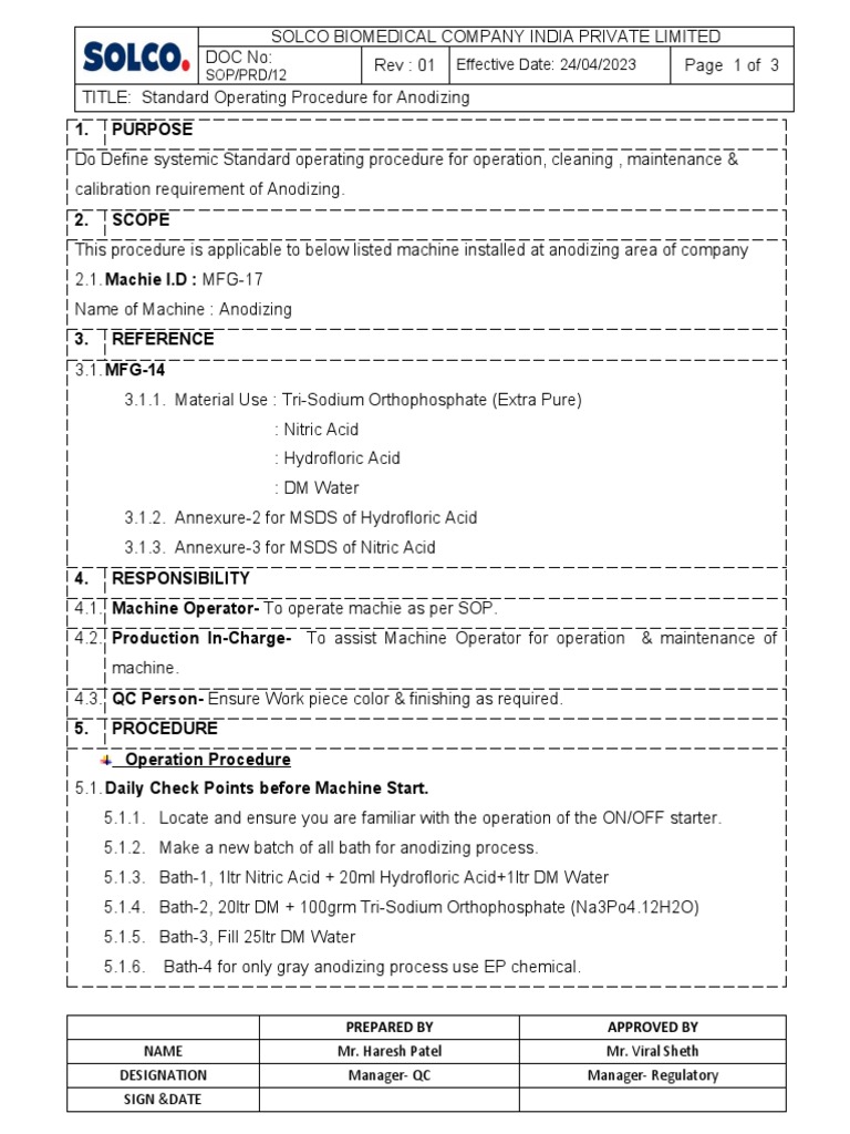 Sop - PRD - 12 - Standard Operating Procedure For Anodizing | PDF