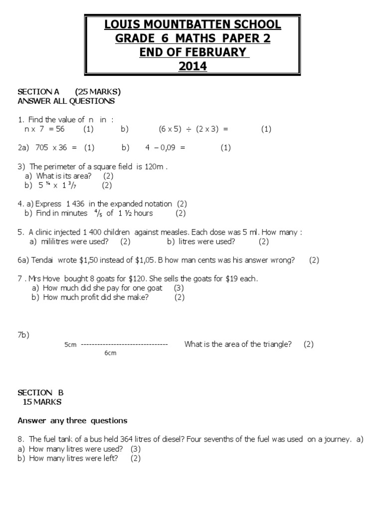 Grade 6 Maths Exam Paper February 2014 | PDF