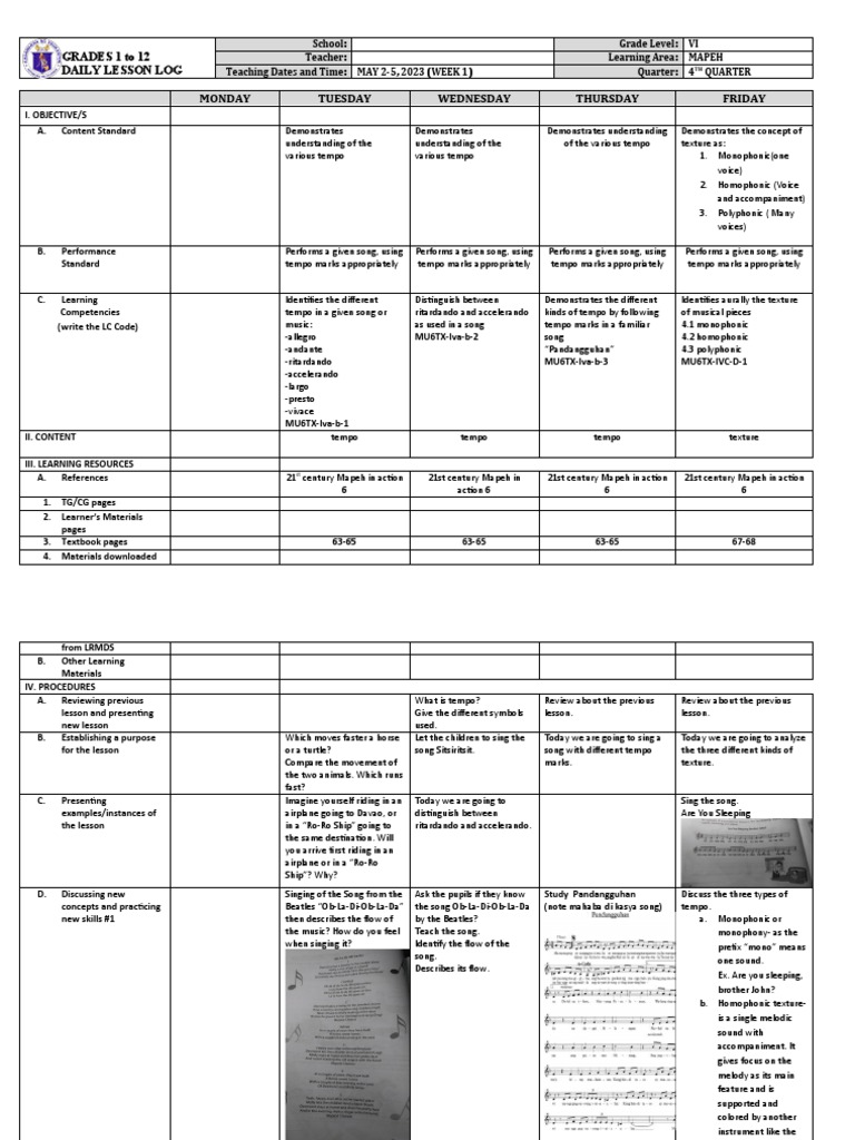 DLL - Mapeh 6 - Q4 - W1 | PDF | Tempo | Songs