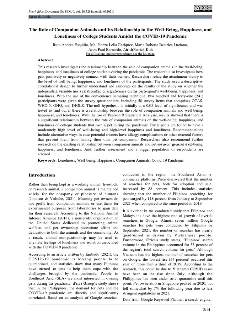 The Role of Companion Animals and Its Relationship to the Well-Being ...