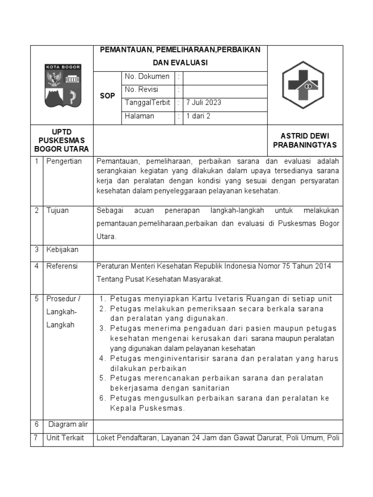 SOP Pemantauan dan Pemeliharaan Puskesmas | PDF