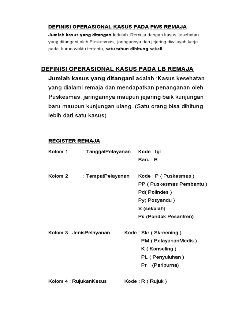 Definisi Operasional Kasus Pada PWS Remaja | PDF