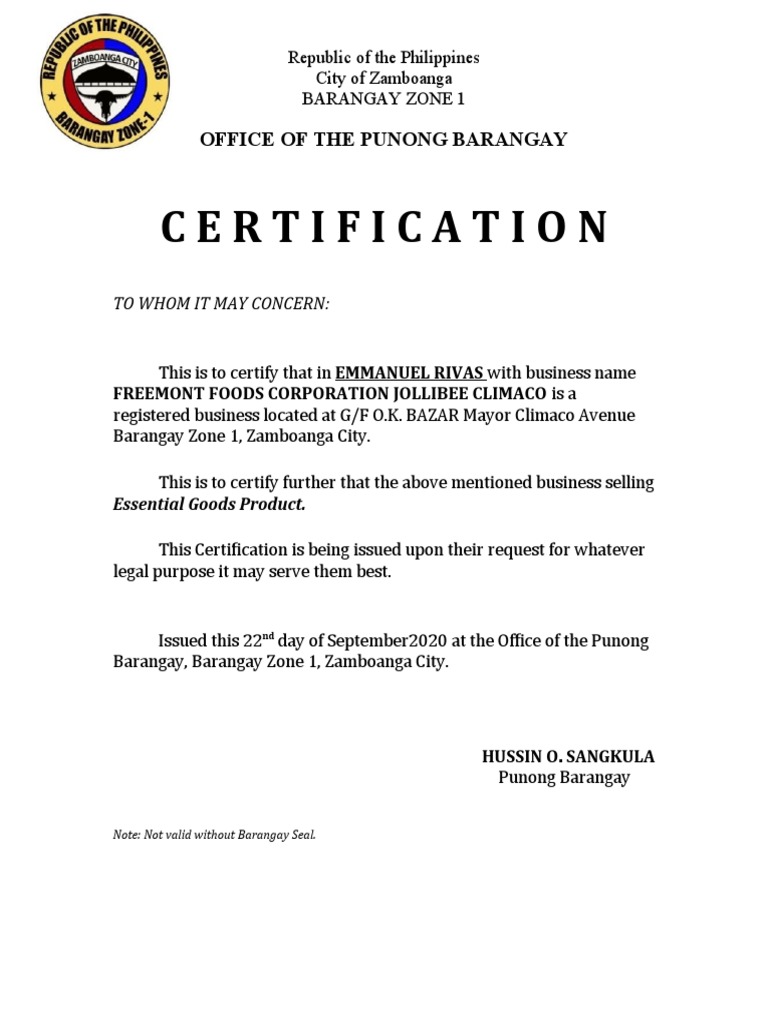 CERTIFICATE Jollibee | PDF