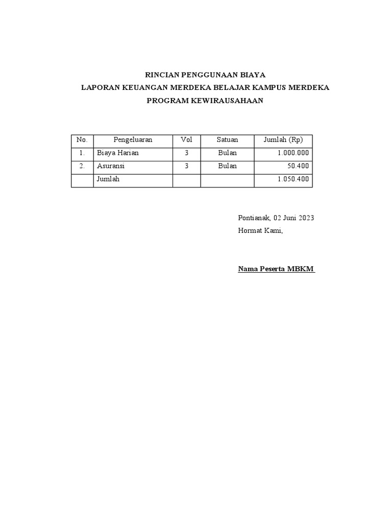 Contoh Laporan Keuangan MBKM Kewirausahaan | PDF