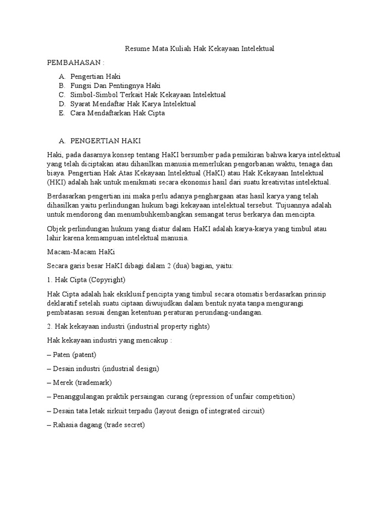 Resume Mata Kuliah Hak Kekayaan Intelektual | PDF