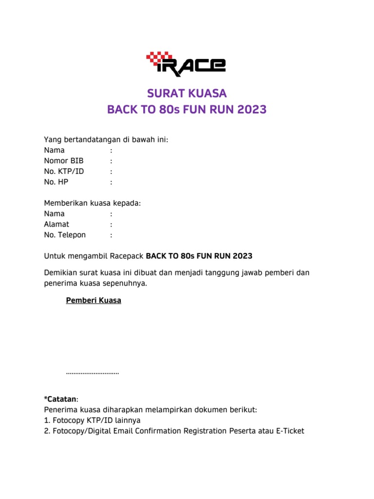 Form Surat Kuasa - Back To 80s Fun Run 2023 | PDF