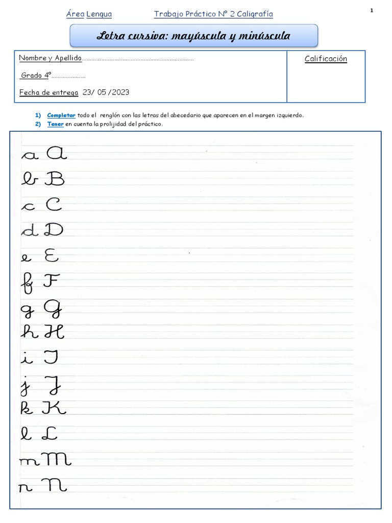 Trabajo Práctico N°2 Caligrafía - Cursiva | PDF