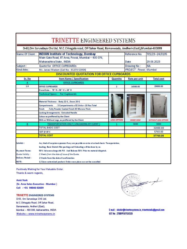 29.06.2023 Quotation For Office Cupboard Units - For IIT Bombay From ...