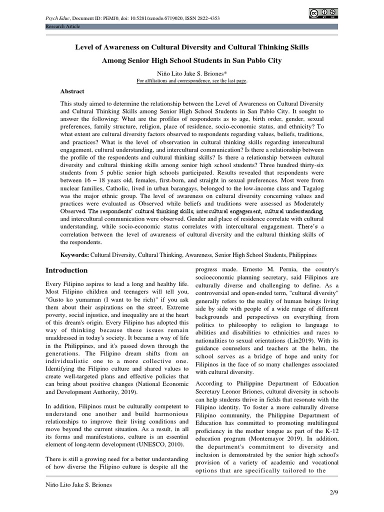 Level of Awareness On Cultural Diversity and Cultural Thinking Skills Among Senior High School ...