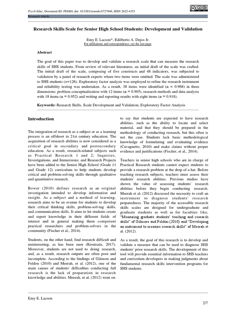 Research Skills Scale For Senior High School Students Development and ...