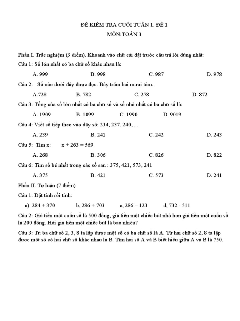 Bai Tap Cuoi Tuan Toan Lop 3 Tuan 1 Chon Loc 4 de | PDF
