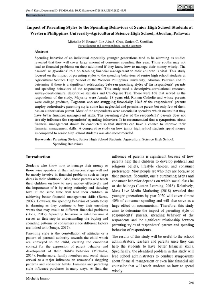 Impact of Parenting Styles To The Spending Behaviors of Senior High School Students at Western ...