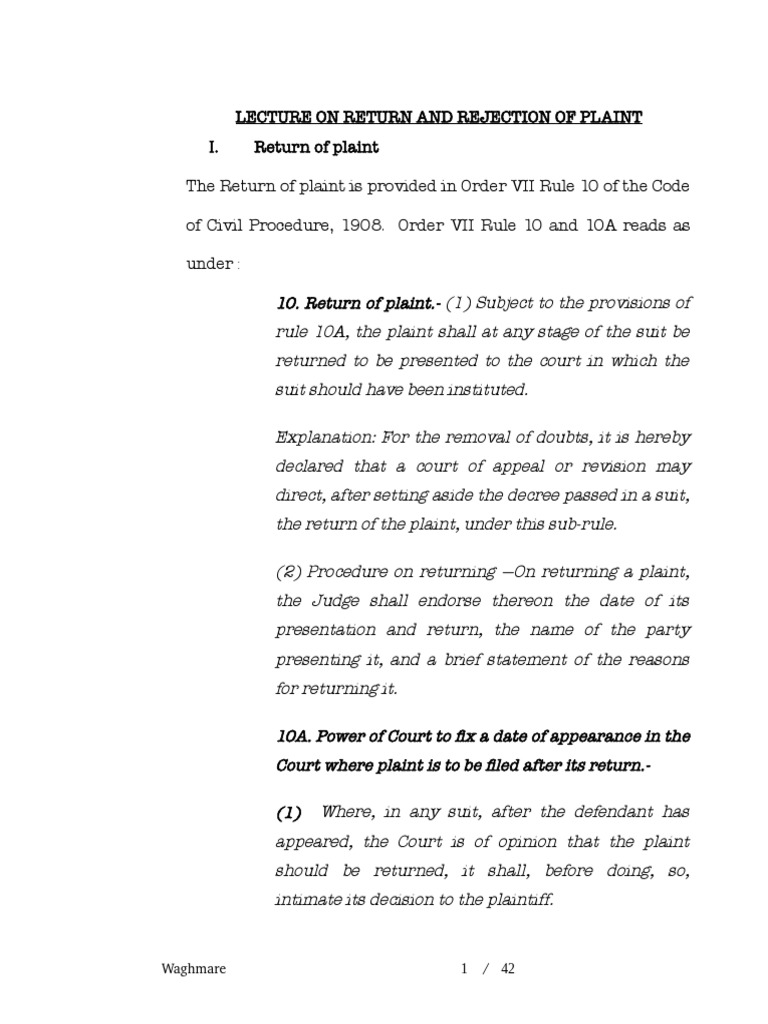Lecture On Return and Rejection of Plaint | PDF