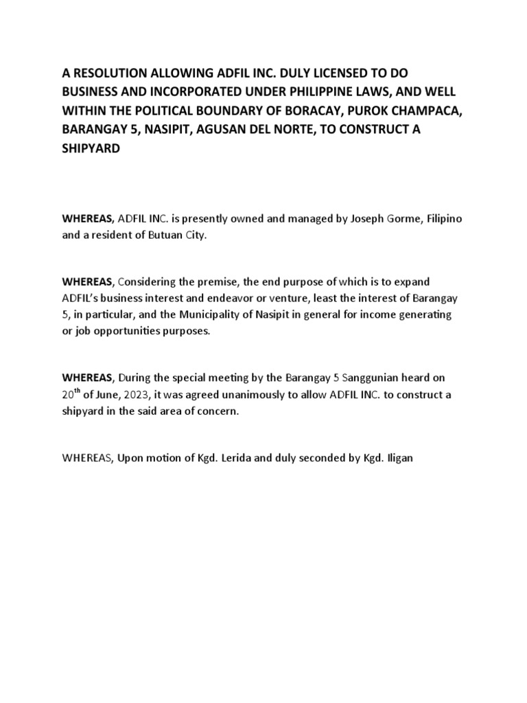A Resolution Allowing Adfil Inc | PDF