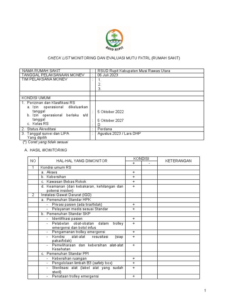 Form Monev Persiapan Dan Pasca Akreditasi RS | PDF