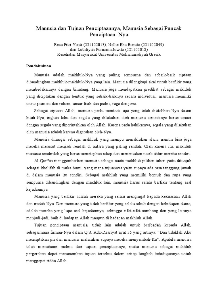 Manusia Dan Tujuan Penciptaannya, Manusia Sebagai Puncak Penciptaan. Nya AIK 3 Kel 1 | PDF