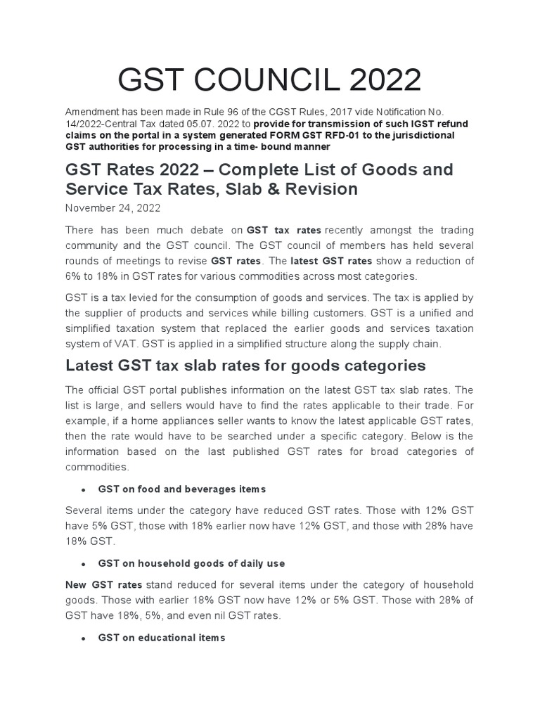 GST Council 2022: GST Rates 2022 - Complete List of Goods and Service ...