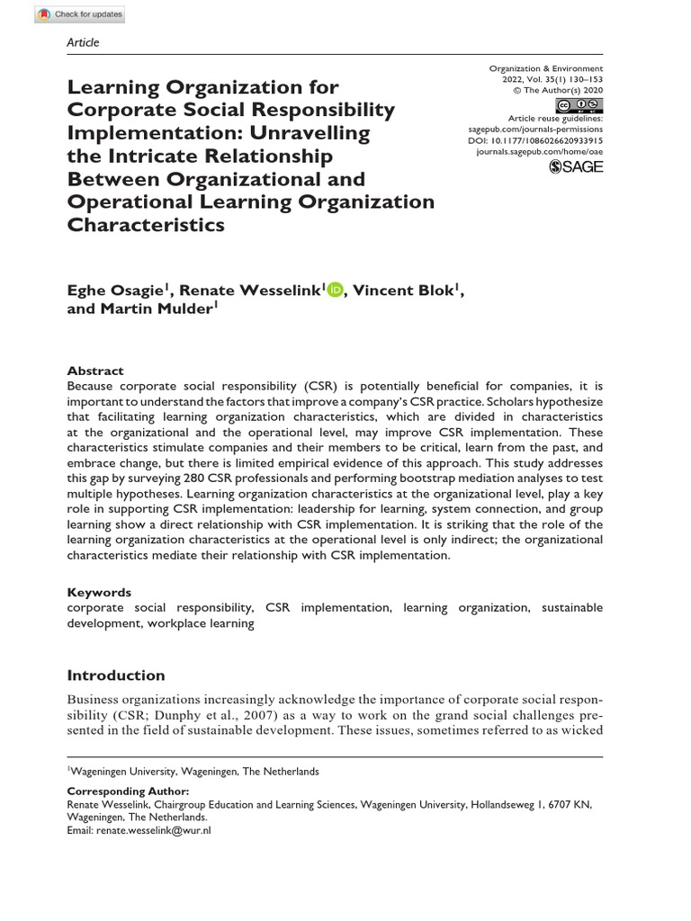 Osagie Et Al 2020 Learning Organization For Corporate Social Responsibility Implementation ...
